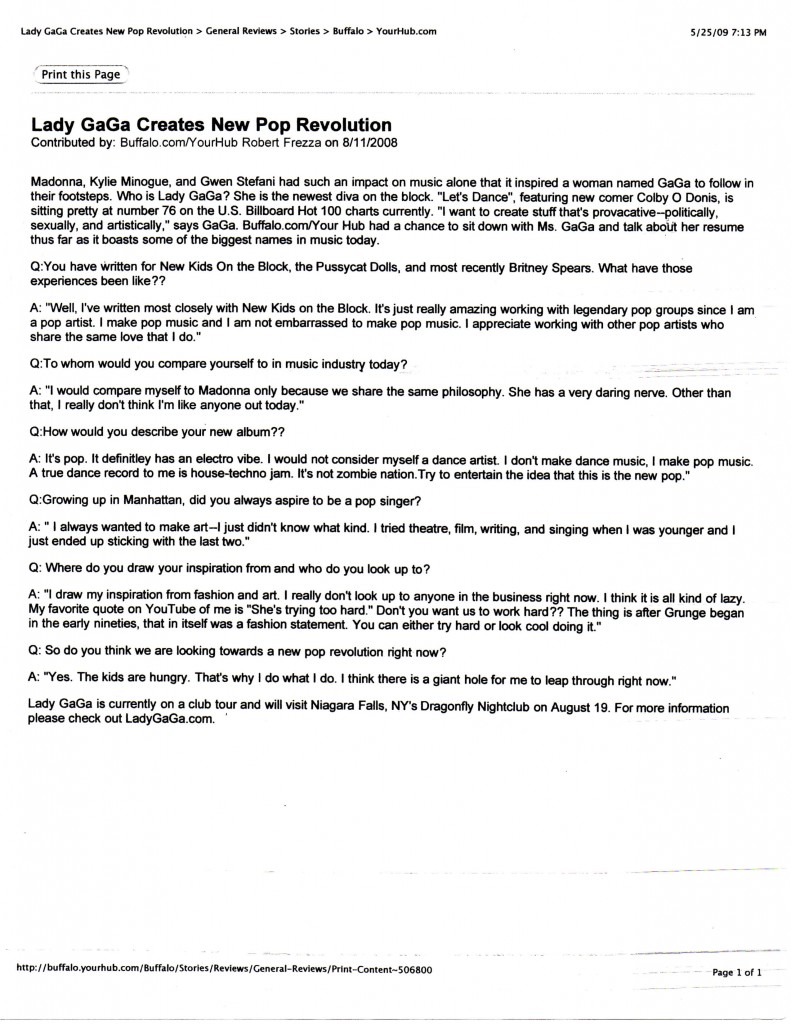 Lady Gaga Creates New Pop Revolution ’08 | Robert Frezza